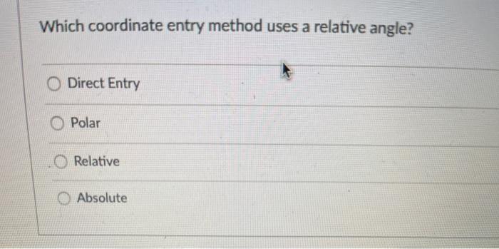 Solved Which coordinate entry method uses a relative angle? | Chegg.com