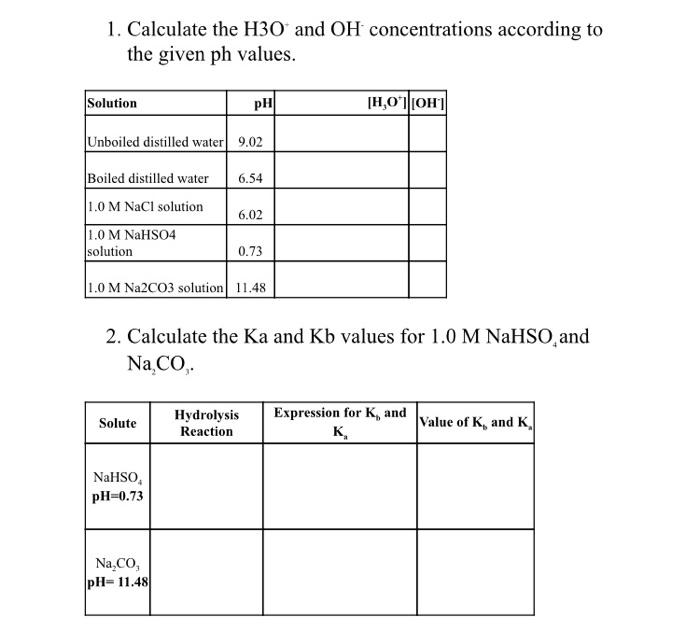 Solved 1. Calculate the H30 and OH concentrations according | Chegg.com