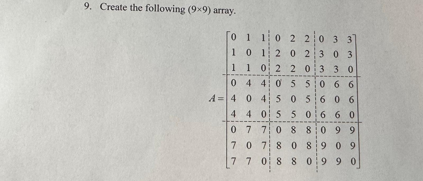 Create the following (9×9) ﻿array. please slove in | Chegg.com