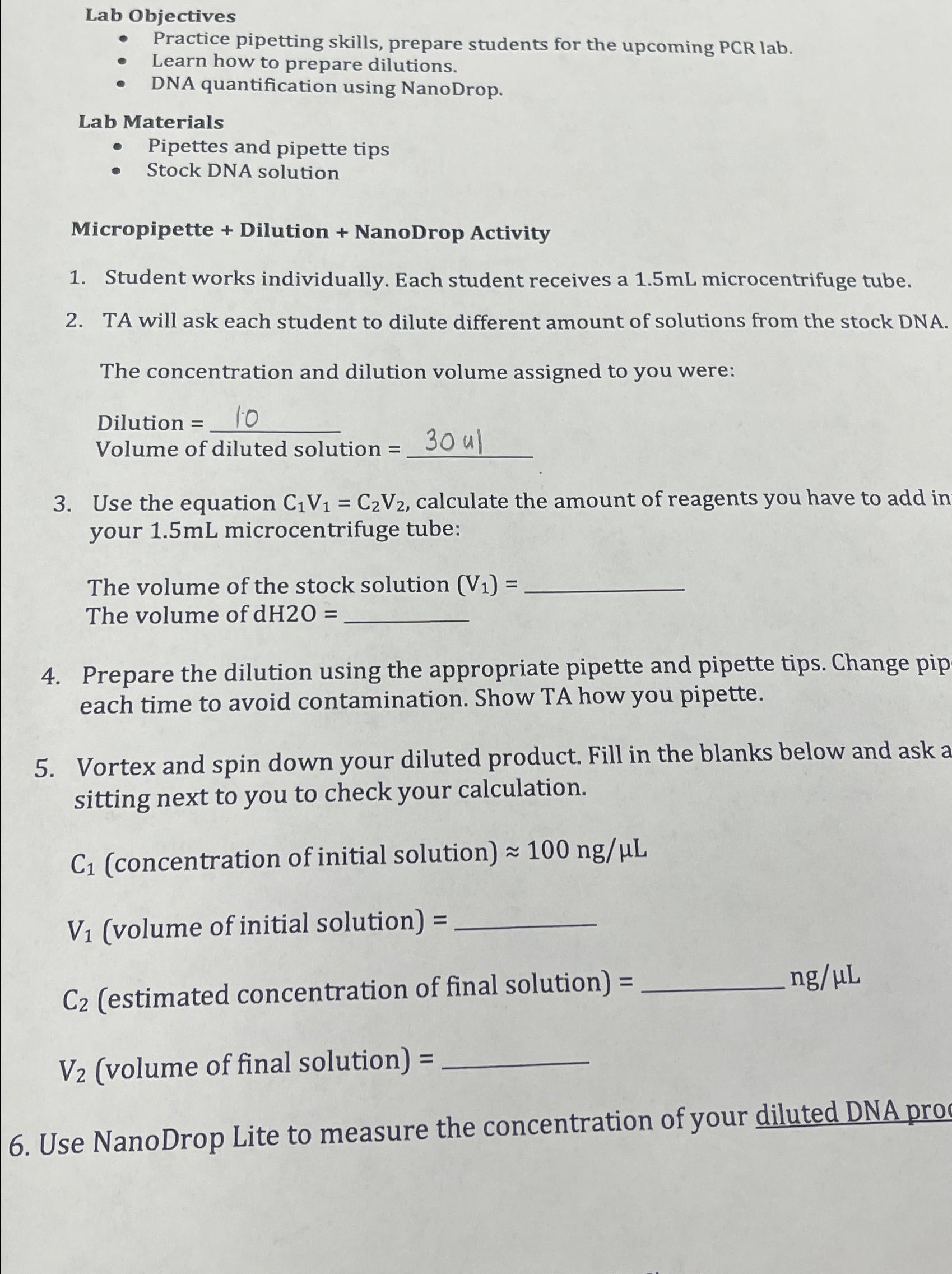 Solved Lab ObjectivesPractice pipetting skills, prepare | Chegg.com