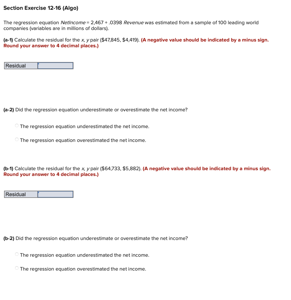 Solved Section Exercise 12-16 (Algo)The regression equation | Chegg.com