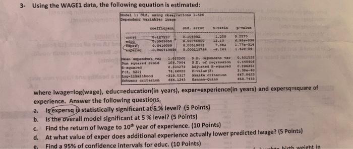 Solved 3- Using the WAGE1 data, the following equation is | Chegg.com