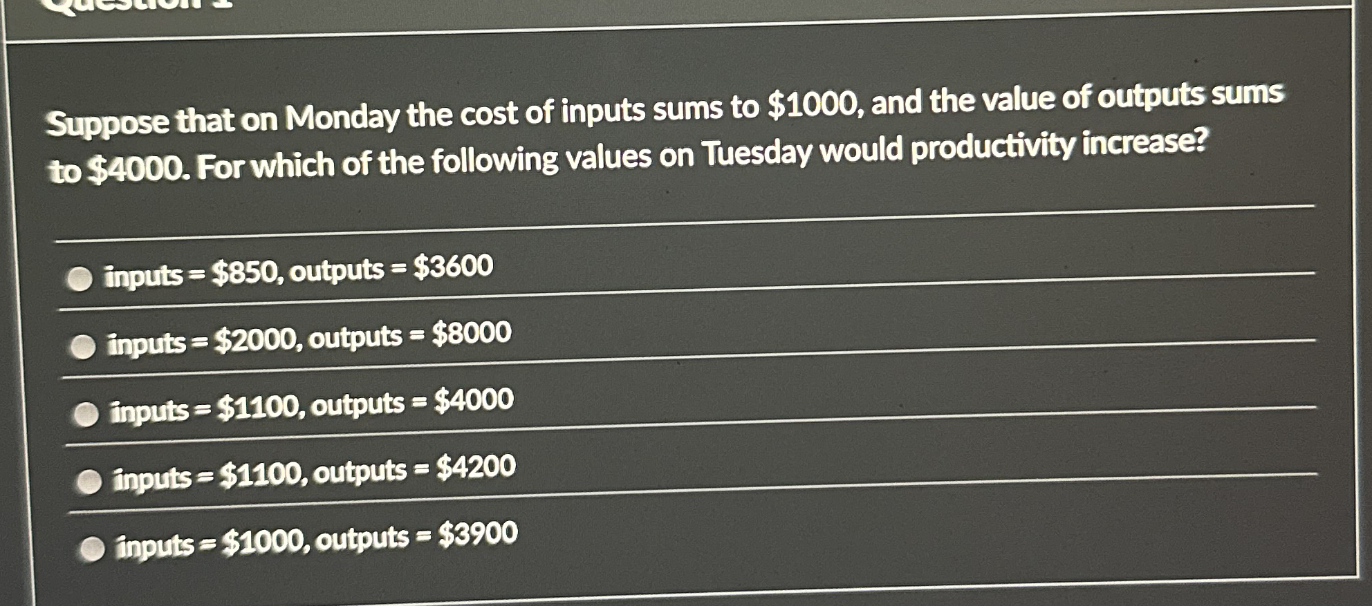 Solved Suppose that on Monday the cost of inputs sums to | Chegg.com