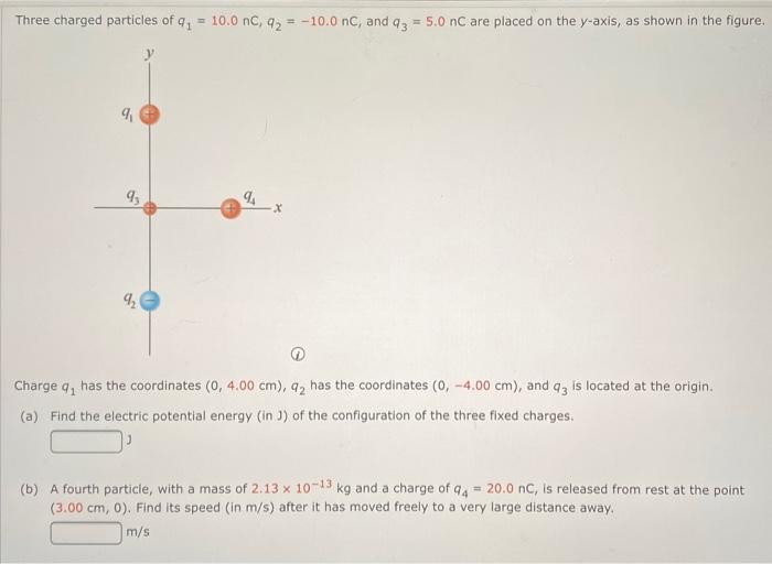 Solved Three charged particles of q1=10.0nC,q2=−10.0nC, and | Chegg.com