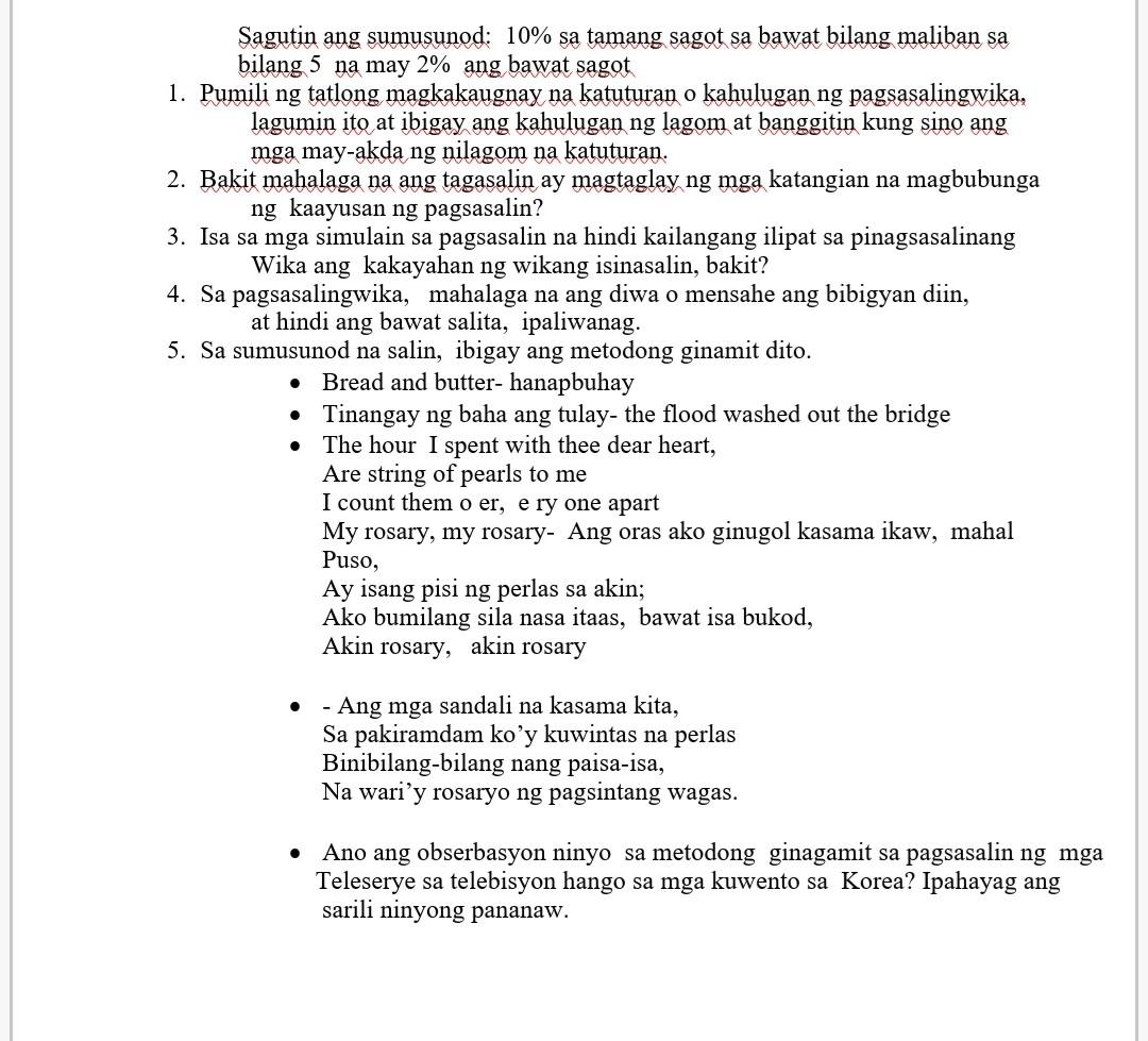 Sagutin ang sumusunod: 10% sa tamang sagot sa bawat | Chegg.com