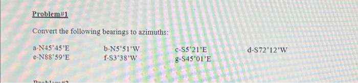 Solved Problem#1 Convert the following bearings to azimuths: | Chegg.com