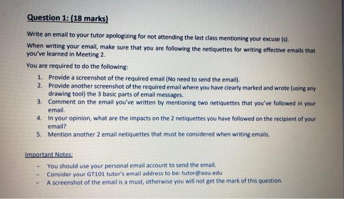 Solved Question 1: (18 marks) Write an email to your tutor | Chegg.com