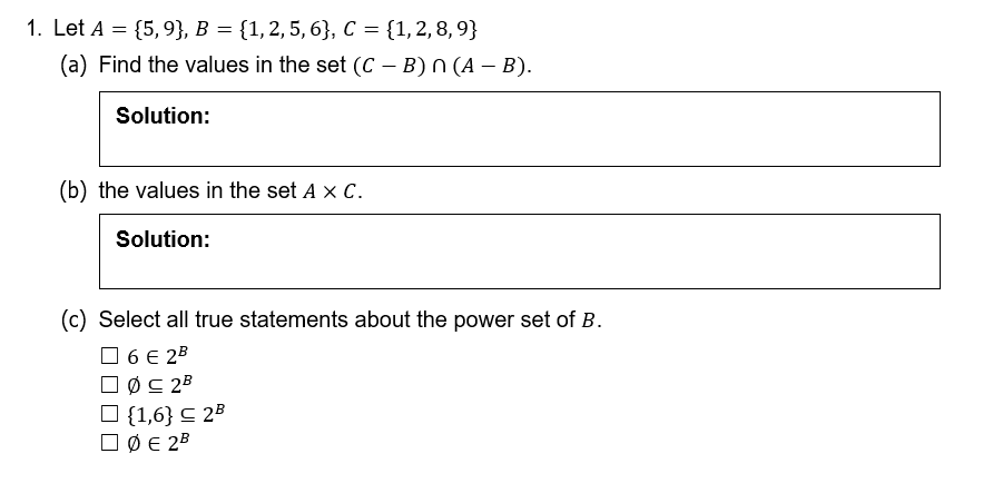 Solved Let A={5,9},B={1,2,5,6},C={1,2,8,9}(a) ﻿Find the | Chegg.com