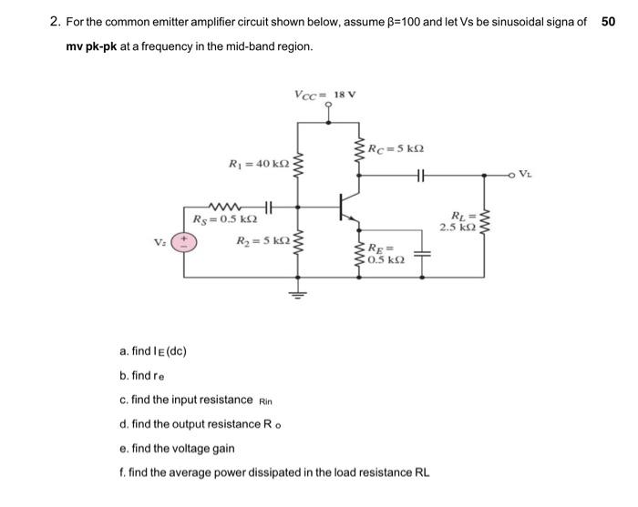 Solved 2. For the common emitter amplifier circuit shown | Chegg.com