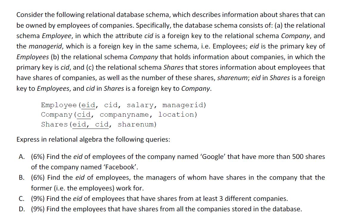 Solved Consider the following relational database schema, | Chegg.com