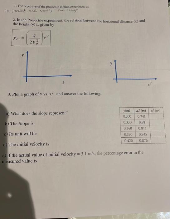 Solved 1. The objective of the projectile motion experiment | Chegg.com