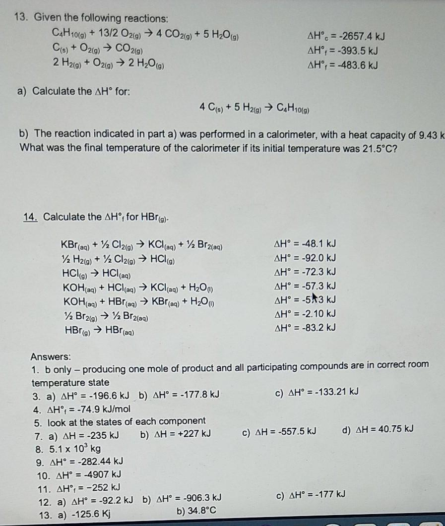Solved SCH4U - Standard Enthalpy of Formation/Combustion | Chegg.com