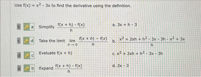 Solved Use f(x)=x2−3x to find the derivative using the | Chegg.com Solved Use f(x)=x2−3x to find the derivative using the | Chegg.com