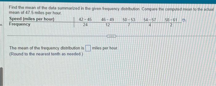 Solved Find the mean of the data summarized in the given | Chegg.com