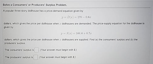 Solve a Consumers' or Producers' Surplus Problem.A | Chegg.com