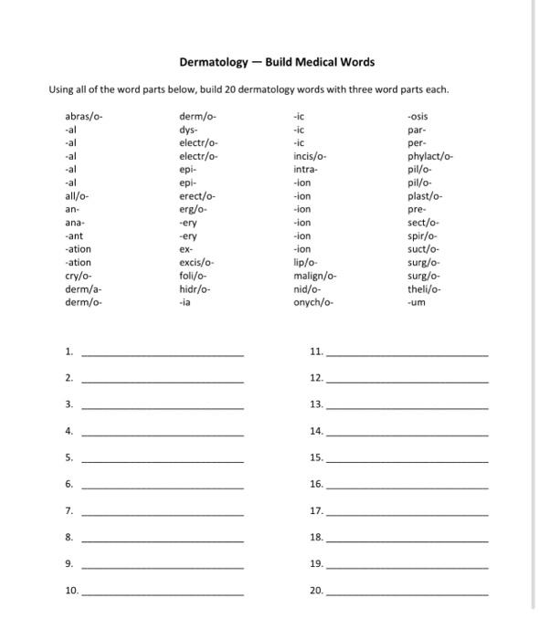 Solved Dermatology - Build Medical Words Using all of the | Chegg.com