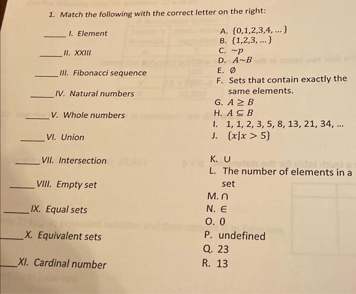 Solved 1. Match the following with the correct letter on the | Chegg.com