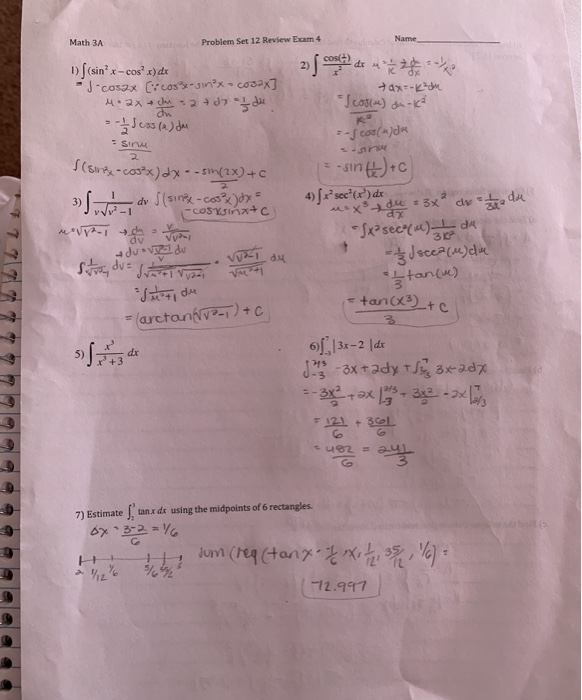 Solved Math 3A Problem Set 12 Review Excam 4 Name | Chegg.com