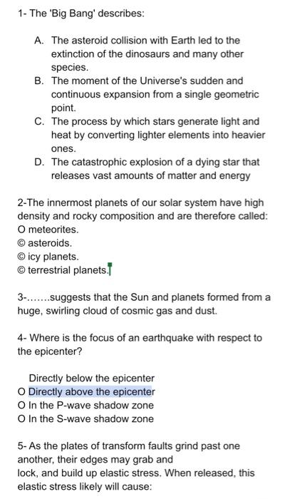 Solved 1- The 'Big Bang' describes: A. The asteroid | Chegg.com