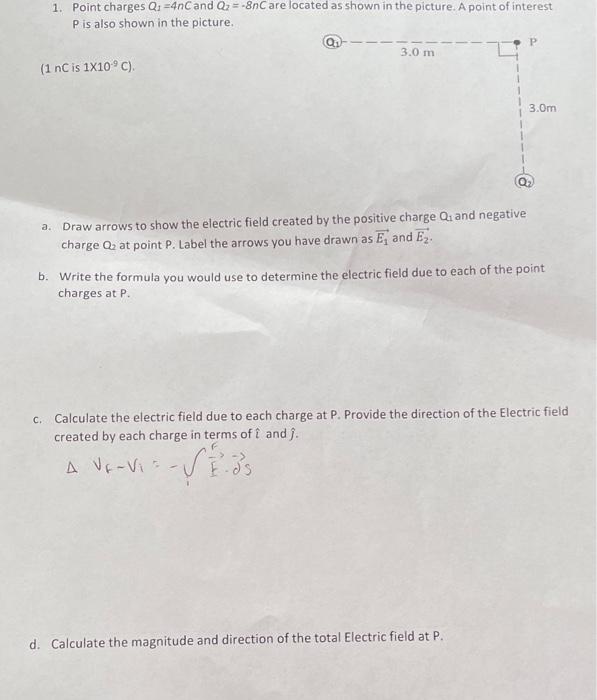 Solved 1. Point charges Q1=4nC and Q2=−8nC are located as | Chegg.com