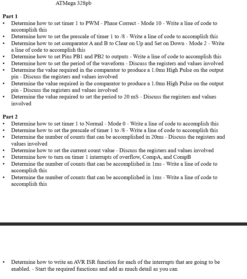 Solved ATMega 328pbPart 1Determine how to set timer 1 ﻿to | Chegg.com