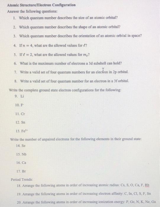 Solved Atomic Structure/Electron Configuration Answer the | Chegg.com