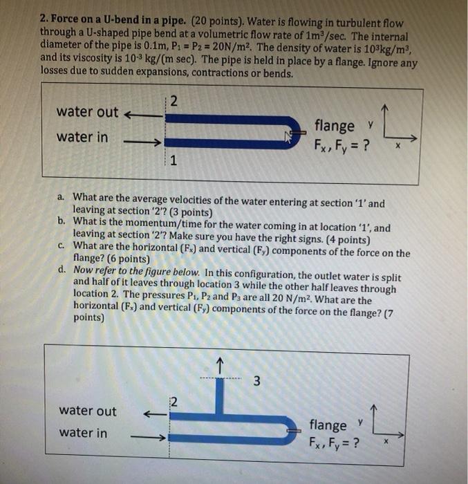 Solved 2. Force on a U-bend in a pipe. ( 20 points). Water | Chegg.com