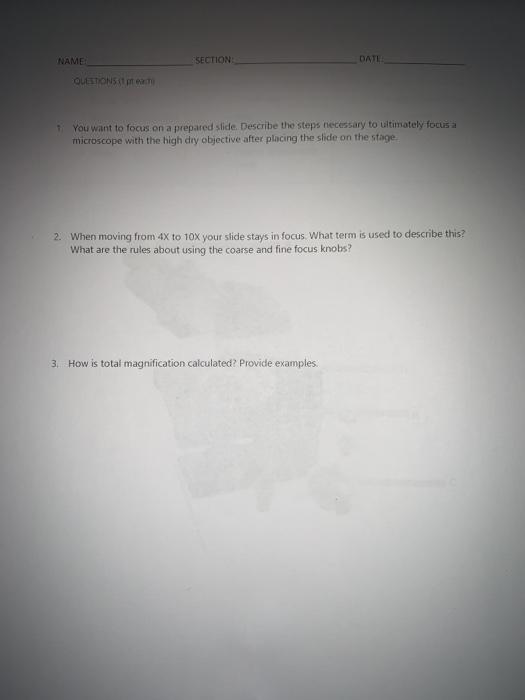 Solved NAME SECTION DATE QUESTIONS 1 You want to focus on a | Chegg.com