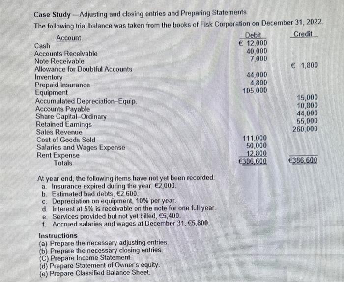 Solved Case Study - Adjusting and closing entries and | Chegg.com