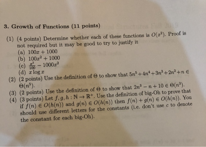 Solved 3. Growth of Functions (11 points) (1) (4 points) | Chegg.com