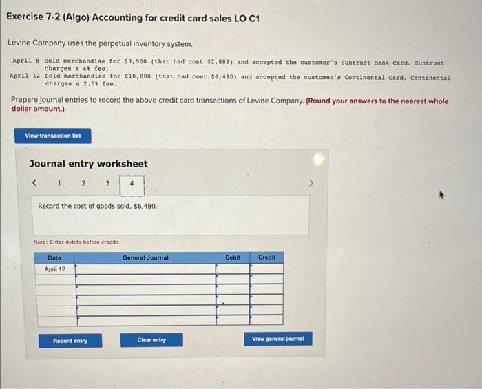 Solved Exercise 7-2 (Algo) Accounting for credit card sales | Chegg.com