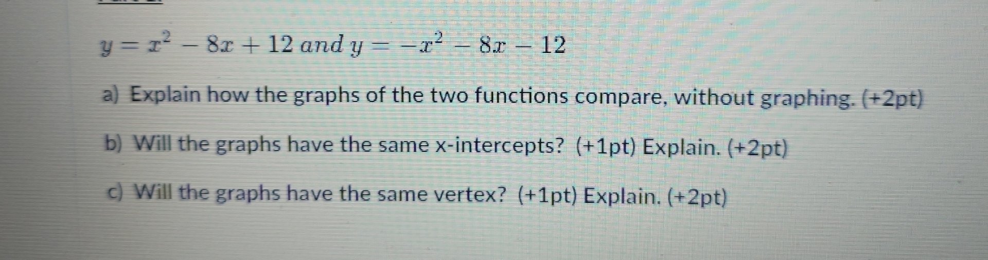 Solved y=x2-8x+12 ﻿and y=-x2-8x-12a) ﻿Explain how the graphs | Chegg.com