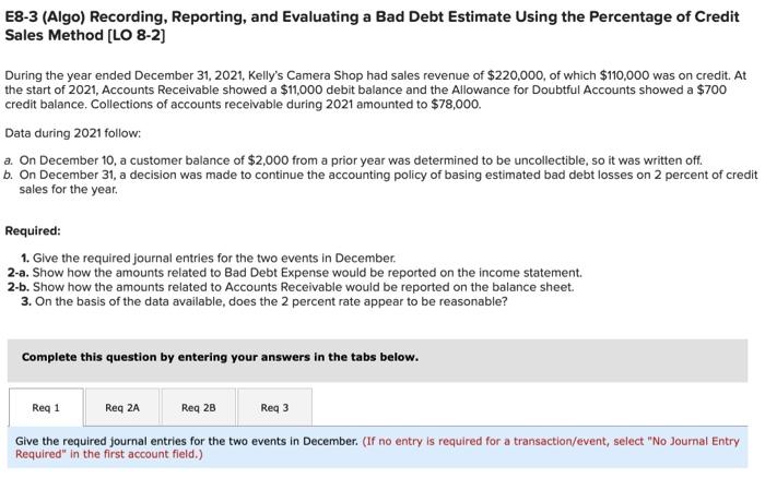 Solved E8-3 (Algo) Recording, Reporting, and Evaluating a | Chegg.com