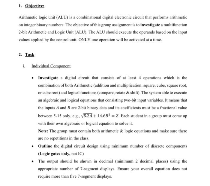 Solved 1. Objective: Arithmetic logic unit (ALU) is a | Chegg.com