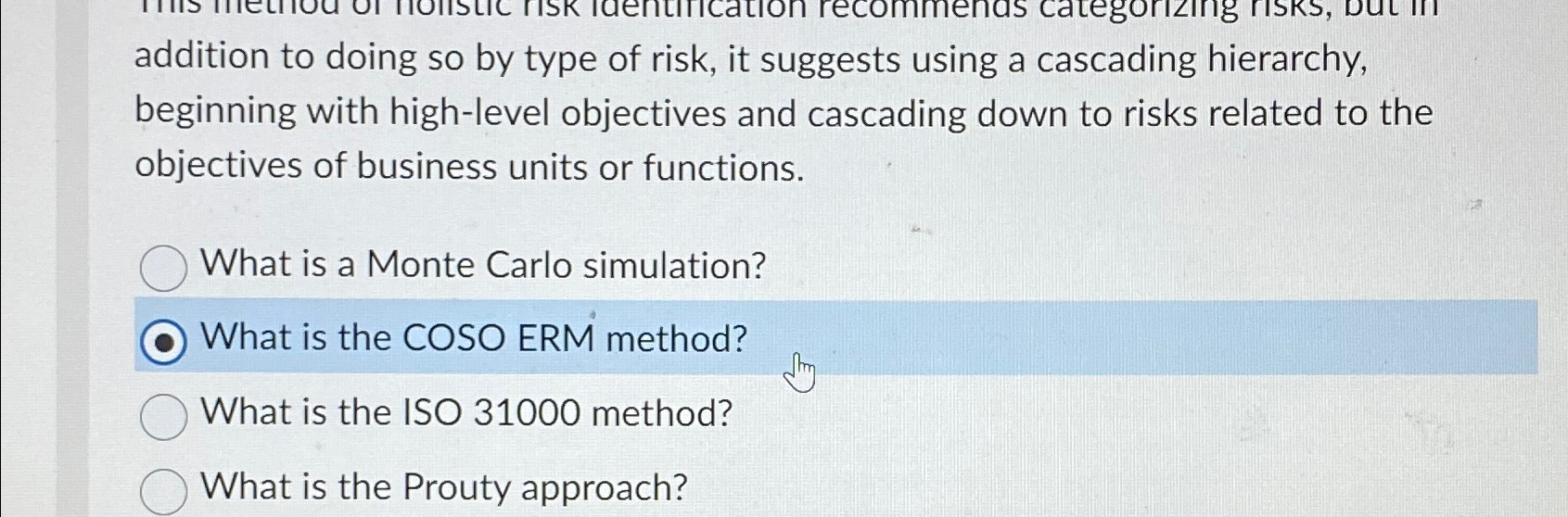 Solved addition to doing so by type of risk, it suggests | Chegg.com