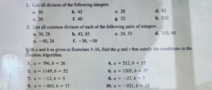 Solved 1. List all divisors of the following integers. a. 30 | Chegg.com