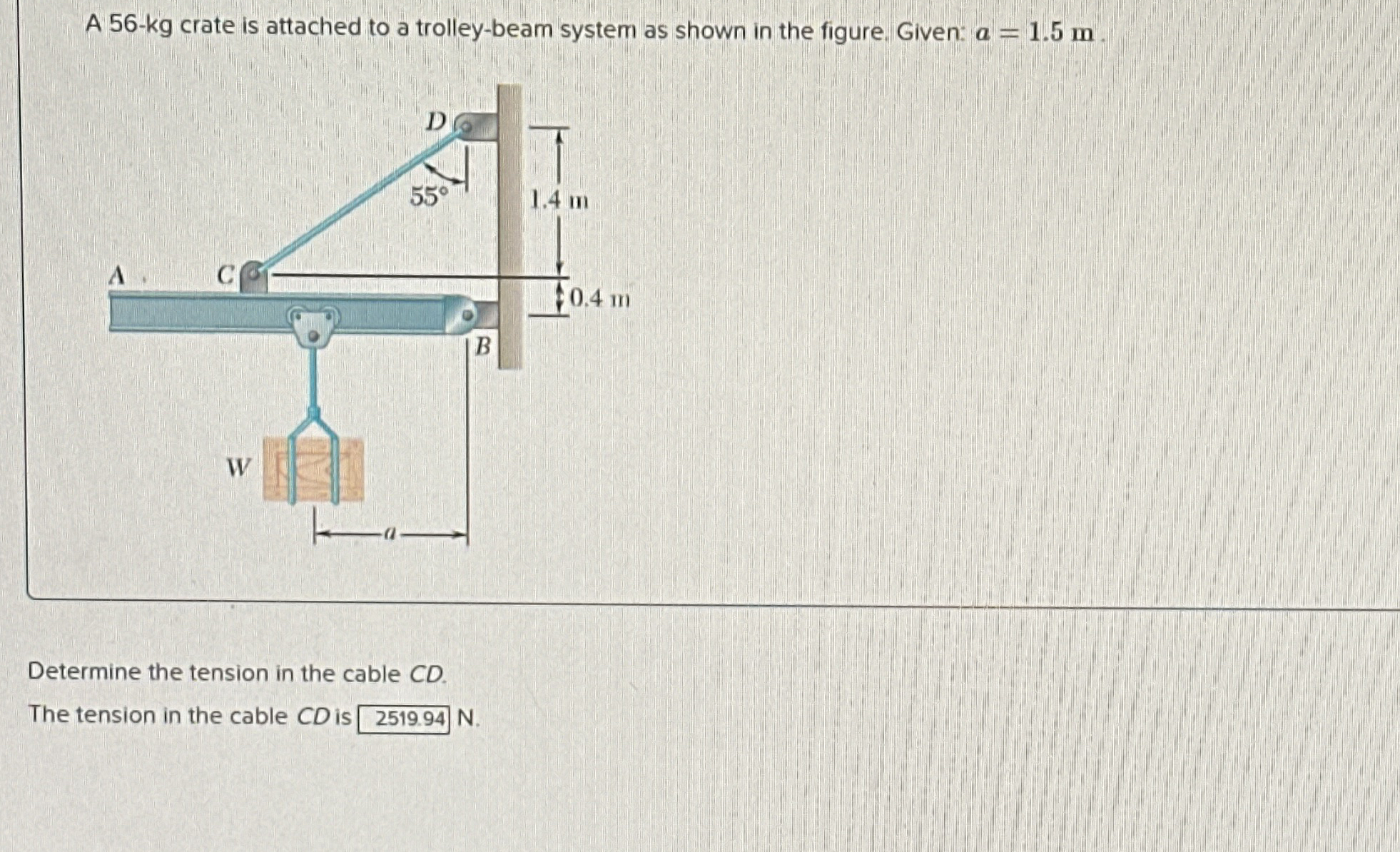 Solved A 56-kg ﻿crate is attached to a trolley-beam system | Chegg.com