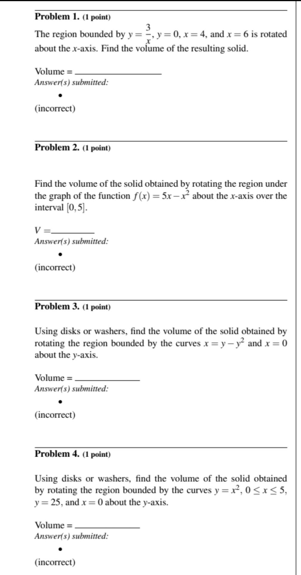 Solved Problem 1. (1 point) The region bounded by | Chegg.com