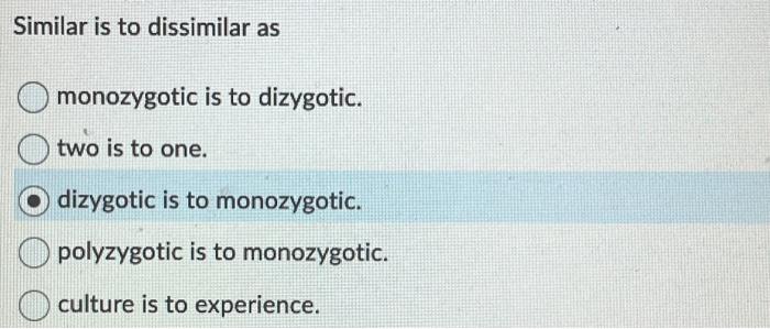 Solved Similar is to dissimilar as monozygotic is to | Chegg.com