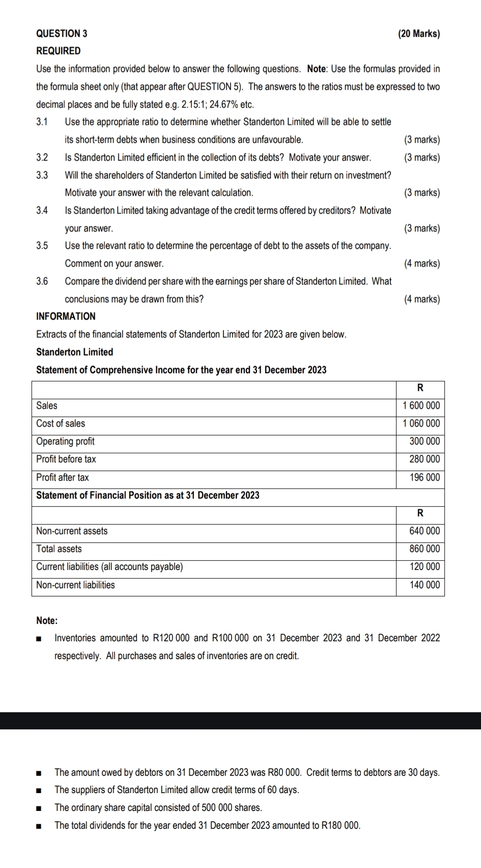 Solved QUESTION 3(20 ﻿Marks)REQUIREDUse the information | Chegg.com