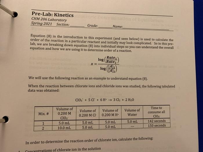 Solved Pre-Lab: Kinetics CHM 206 Laboratory Spring 2021 | Chegg.com