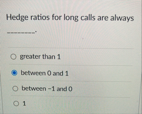 Solved Hedge ratios for long calls are alwaysgreater than | Chegg.com