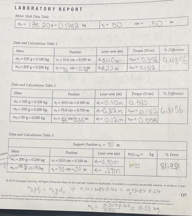 Data and Calculations Table 4 m0d0+m3d3=m1d+m2d2+m4d4 | Chegg.com