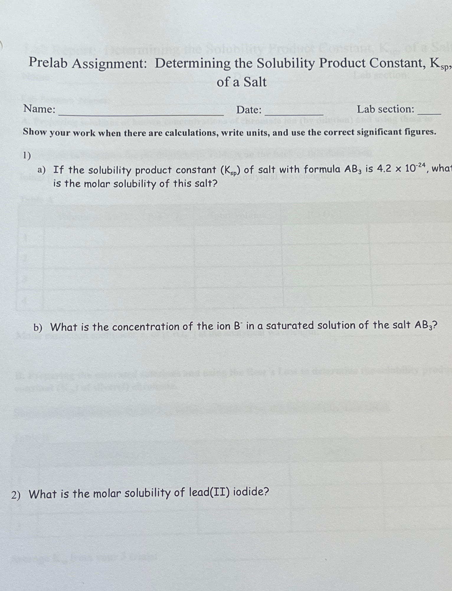 Prelab Assignment: Determining the Solubility Product | Chegg.com