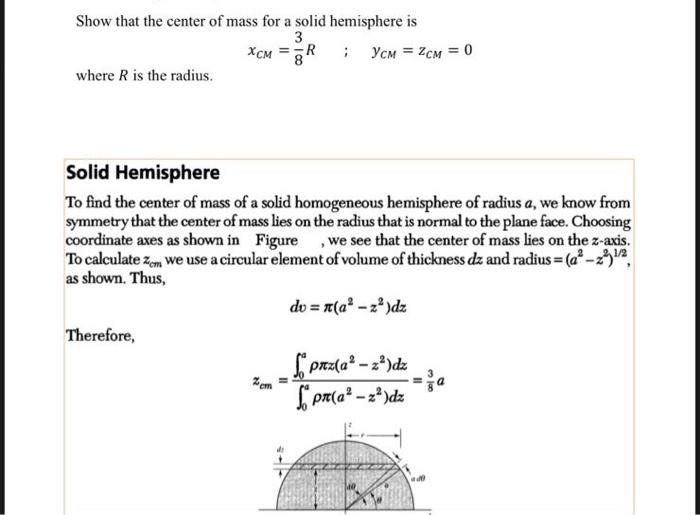 Solved Show that the center of mass for a solid hemisphere | Chegg.com