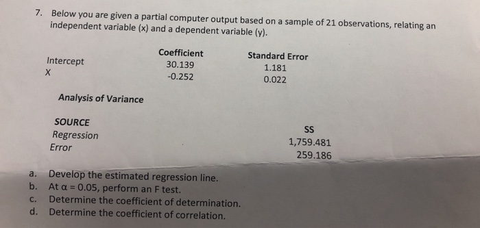 Solved 7. Below you are given a partial computer output | Chegg.com