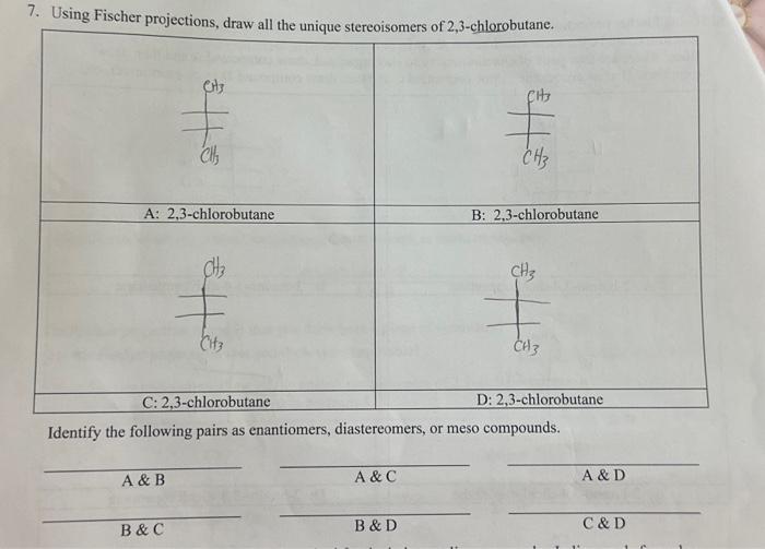 Solved 7. Using Fischer projections, draw all the unique | Chegg.com