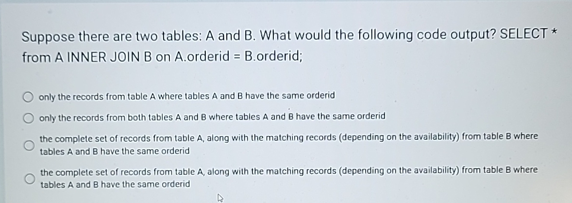 Solved Suppose there are two tables: A and B. ﻿What would | Chegg.com