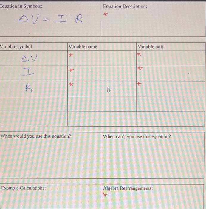 Solved Equation in Symbols: Equation Description: * AV= IR | Chegg.com