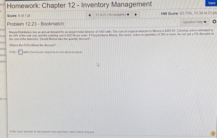 Solved Save sco Homework: Chapter 12 - Inventory Management | Chegg.com
